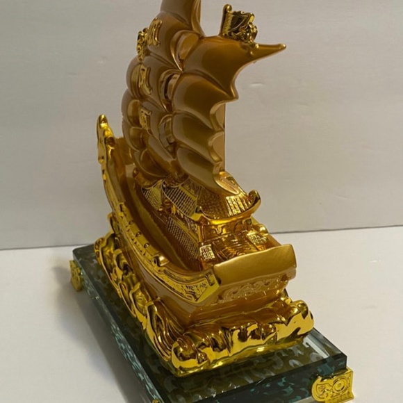 Art | Feng Shui Golden Lucky Dragon Ship Sailing Boat Statue Home ...